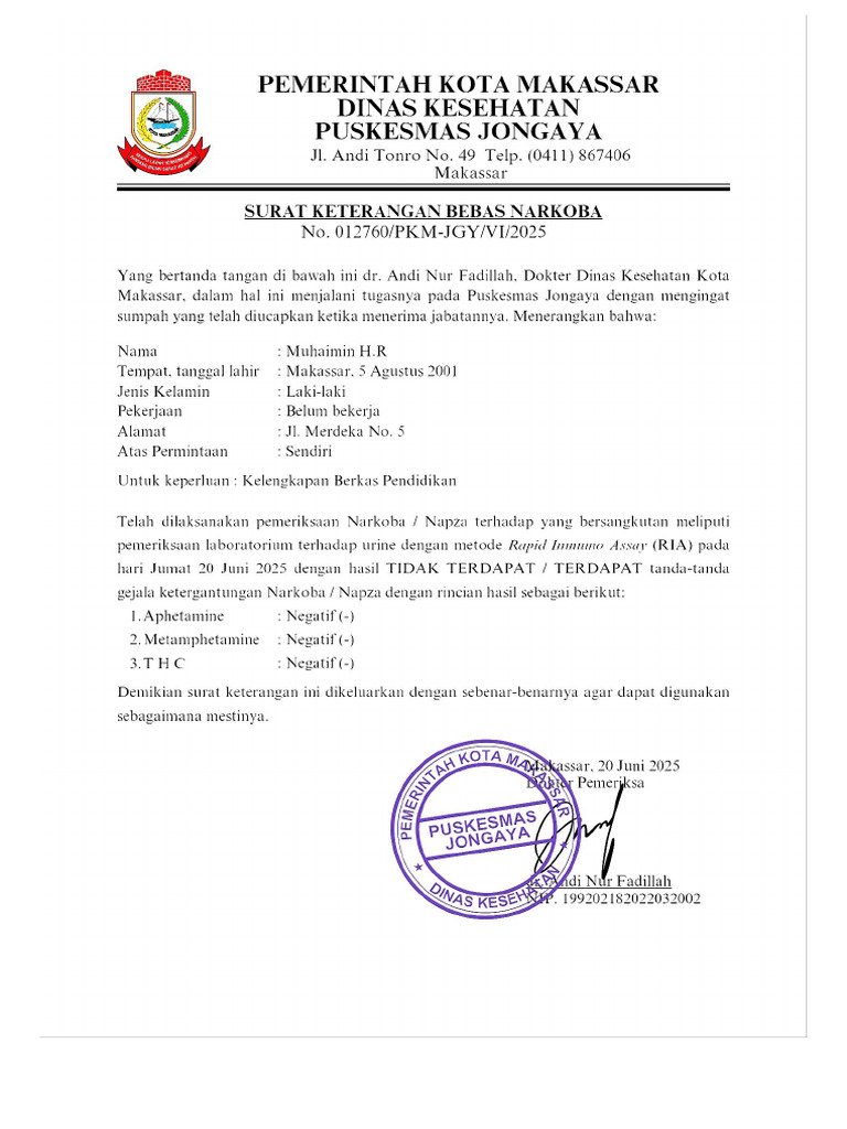 Surat Keterangan Bebas Narkoba | PDF