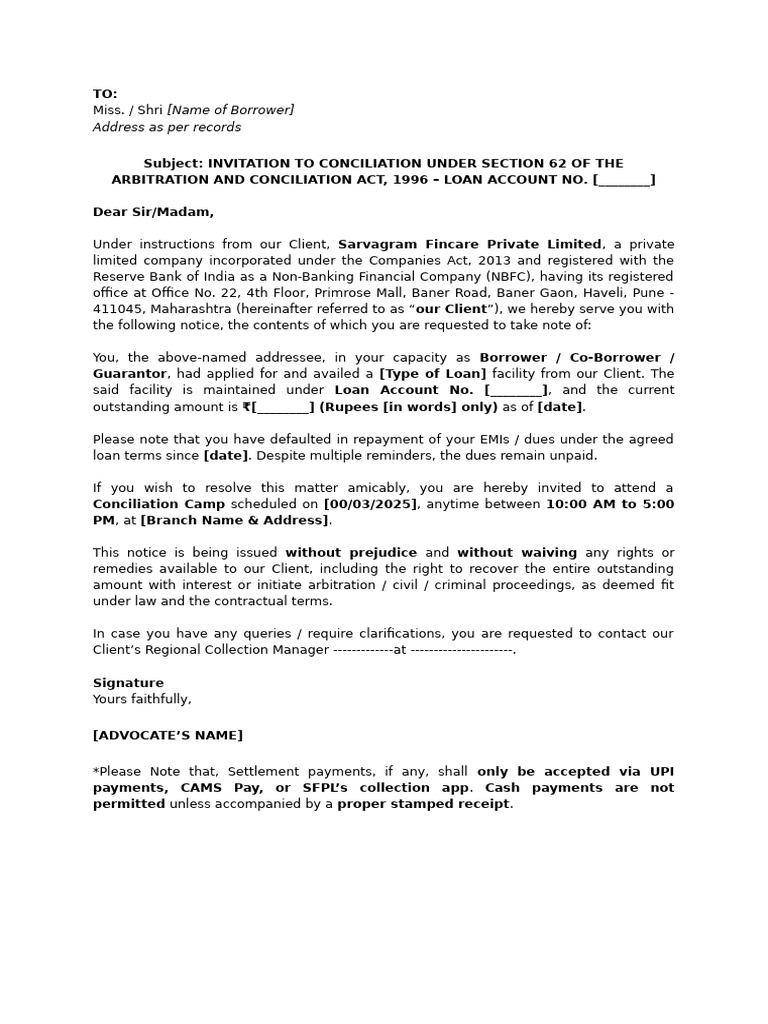 Conciliation Invitation for Loan Default | PDF