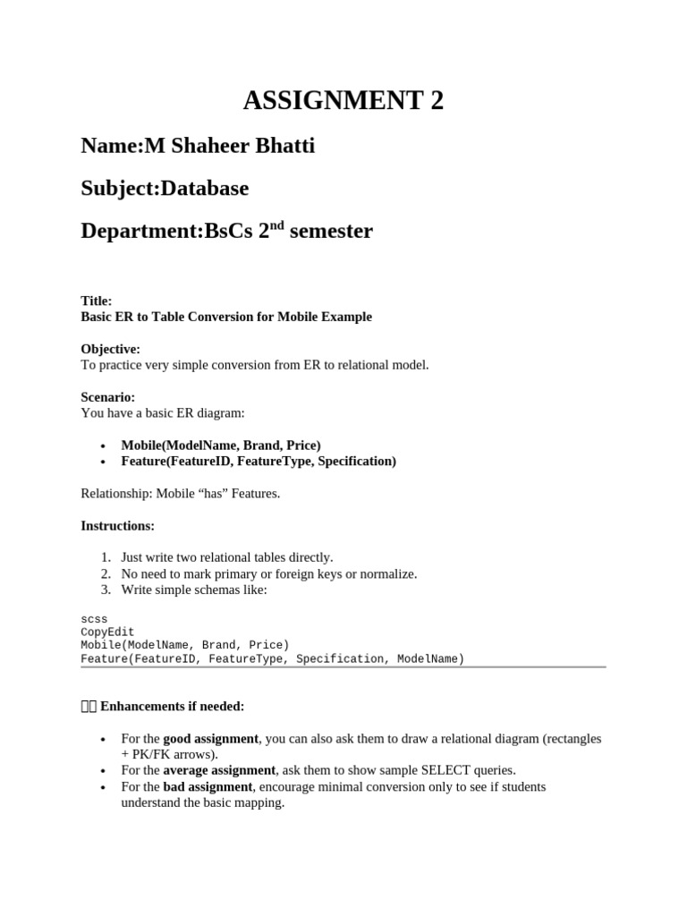 Assignment 2: Name:M Shaheer Bhatti Subject:Database Department:Bscs 2 Semester | PDF