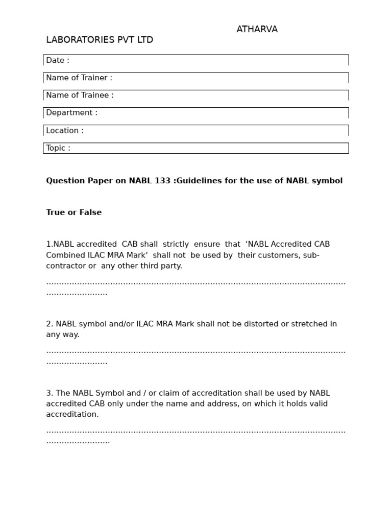 NABL 133 Guidelines Question Paper | PDF