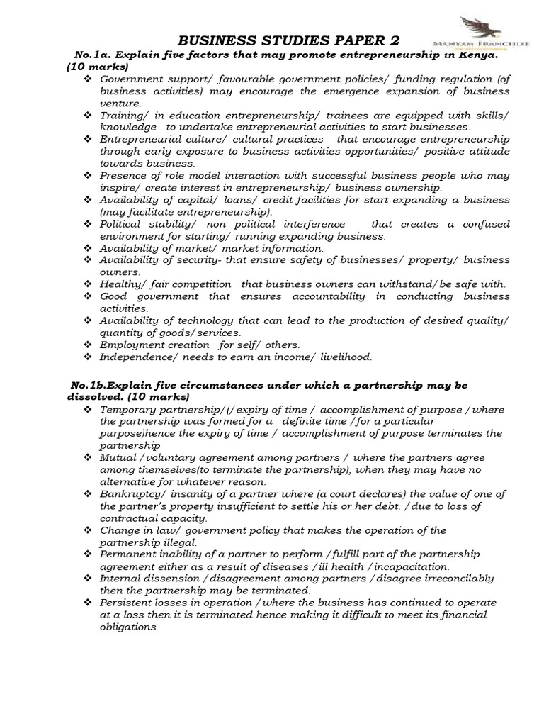 Kcse 2016 Business Studies Paper 2 Marking Scheme | PDF | Entrepreneurship | Prices