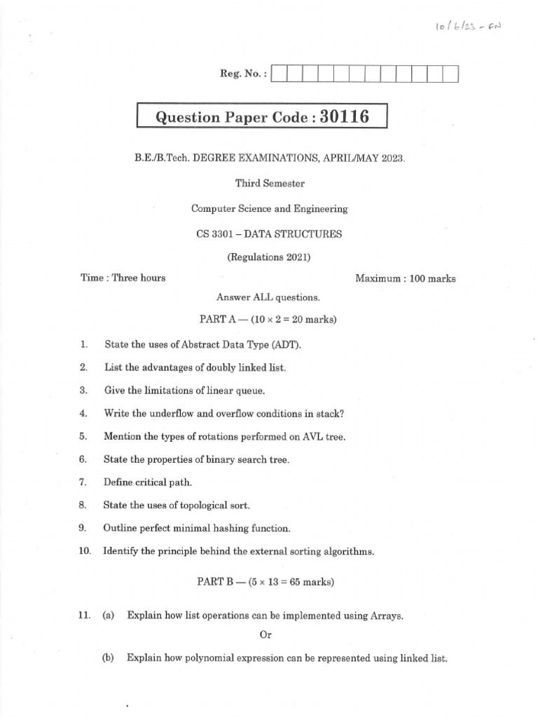 Data Structure - CS3301 2021 Regulation - Semester Question Paper 2023 April May | PDF | Queue ...