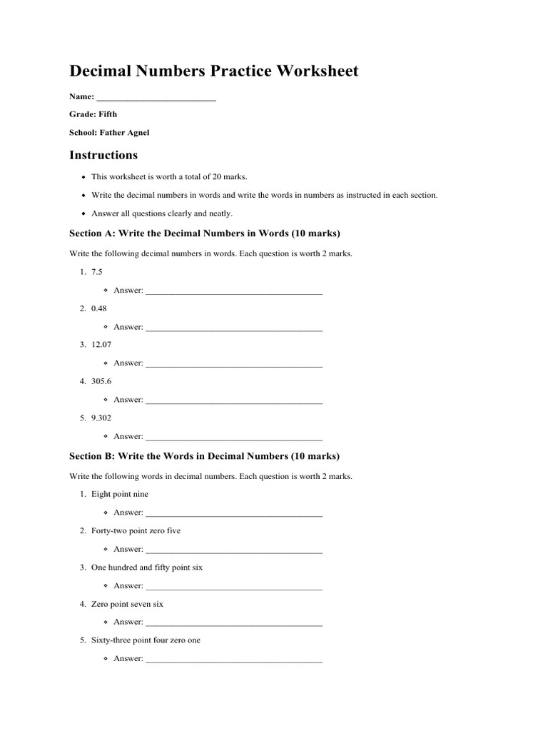 Decimal Numbers Practice Worksheet | PDF