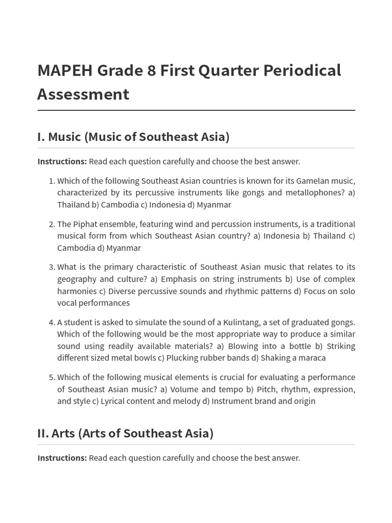 Mapeh Grade8 First Quarter Assessment | PDF | Southeast Asia