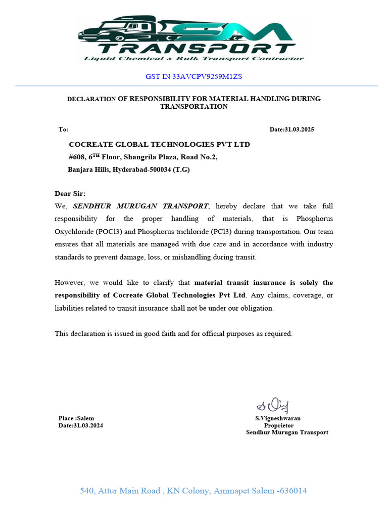 Material Handling Responsibility Declaration | PDF