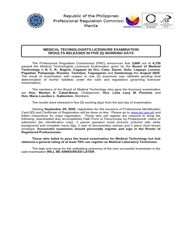 August 2025 Med Tech Licensure Results | PDF | Philippines | Health Care