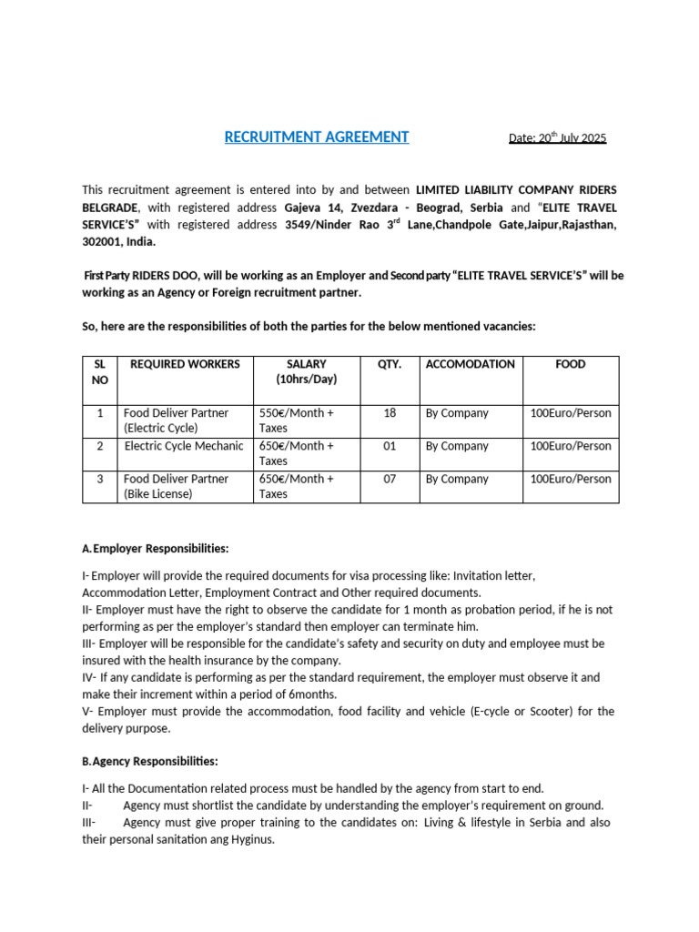 Recruitment Agreement - Riders Doo-Elite Servics | PDF | Employment ...