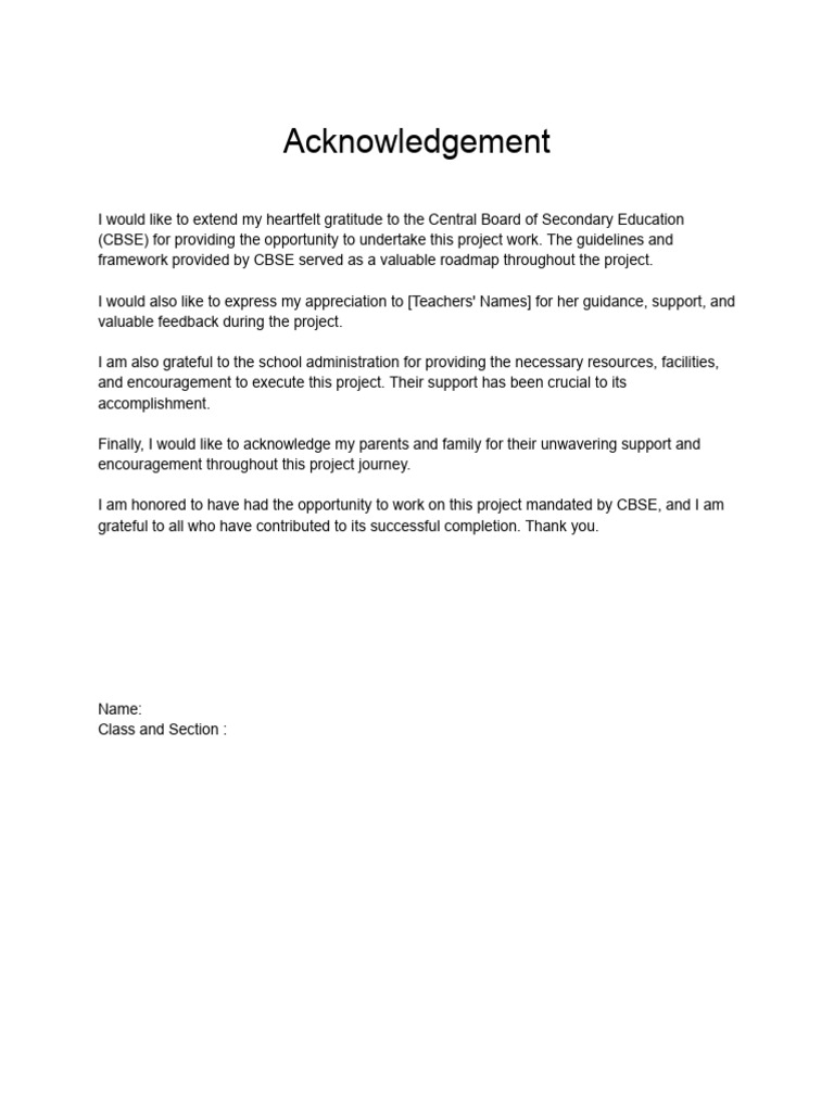 Acknowledgement for Class 12 Project | PDF