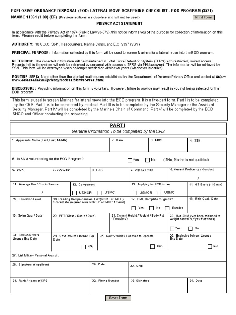 NAVMC 11361 EOD Screening Checklist | Security Clearance | Government