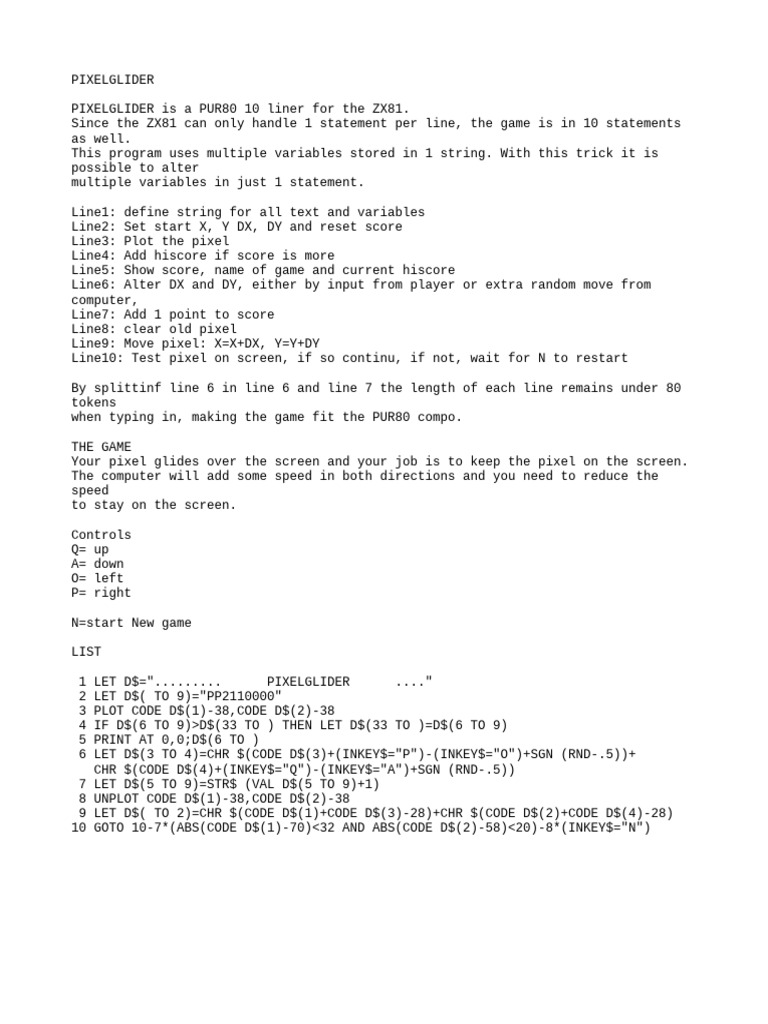ZX81 PixelGlider Game Code Guide | PDF