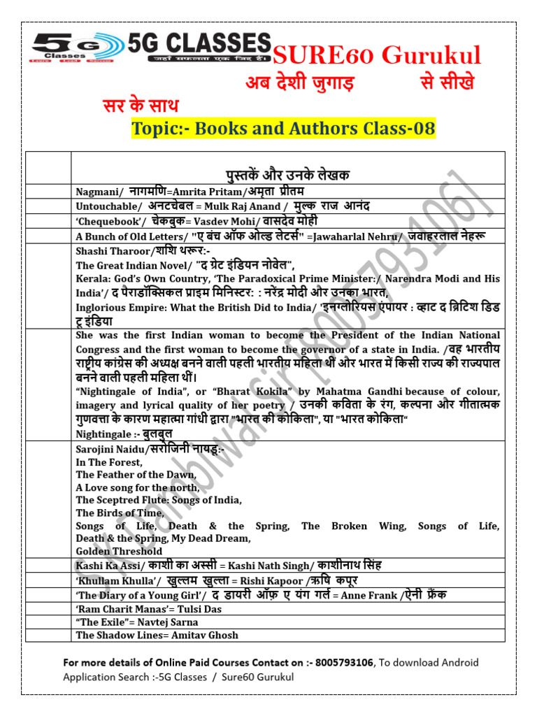 SURE60 Gurukul: Topic: Books and Authors Class 08 | PDF