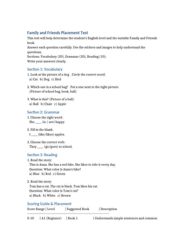 Family and Friends Placement Test Guide | PDF