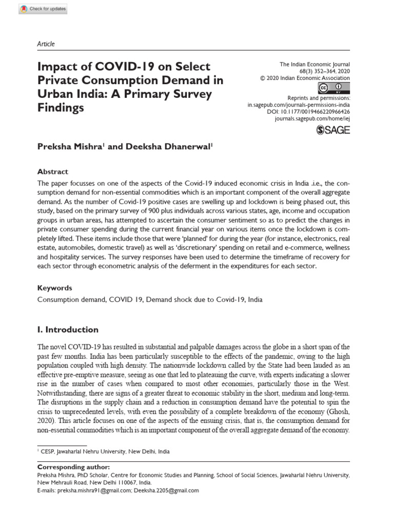 Mishra Dhanerwal 2020 Impact of Covid 19 On Select Private Consumption ...