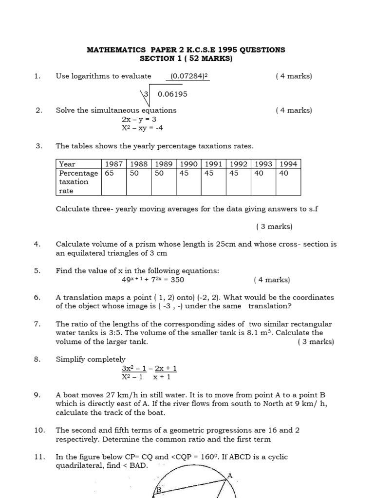 Kcse 1995 Mathematics Paper 2 | PDF | Mathematics