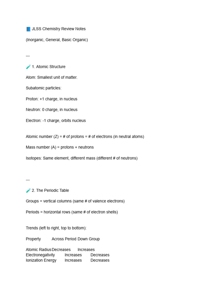 ? JLSS Chemistry Review Notes | PDF