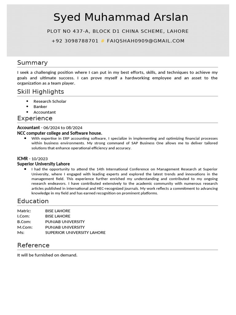 Updated CV Syed Muhammad Arslan Altaf | PDF