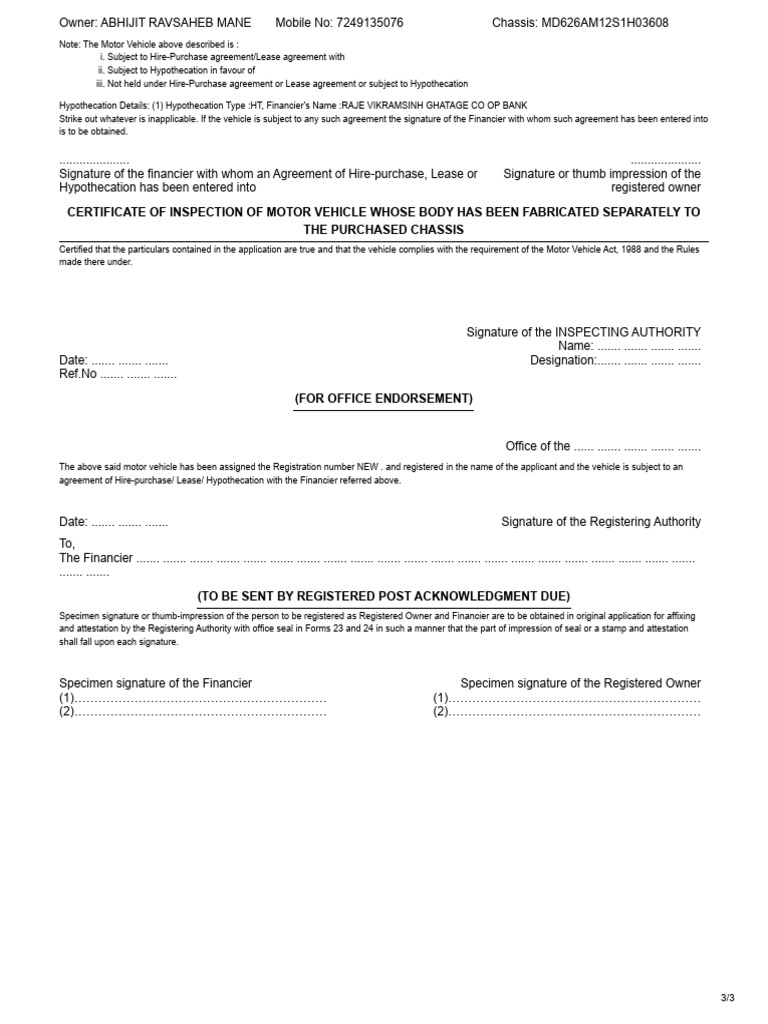 Motor Vehicle Hypothecation Certificate | PDF | Vehicles