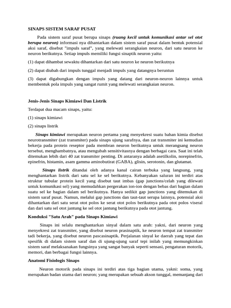 Sinaps: Jenis, Fungsi, dan Mekanisme | PDF