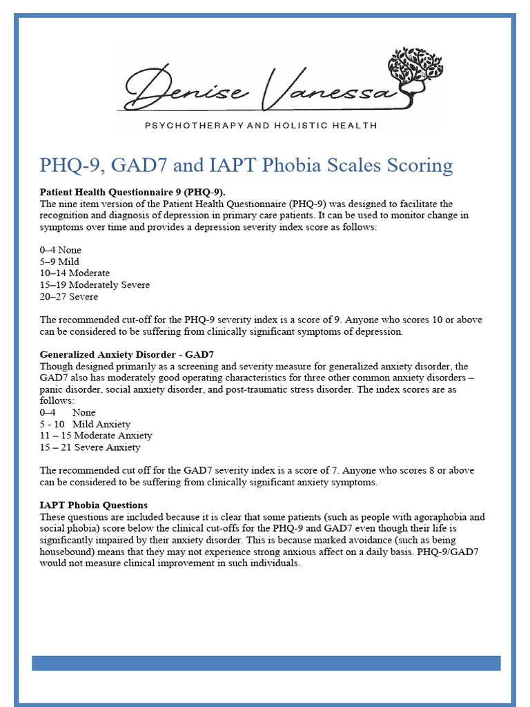 PHQ-9, GAD-7, and Phobia Scale Scores | PDF | Anxiety Disorder | Anxiety