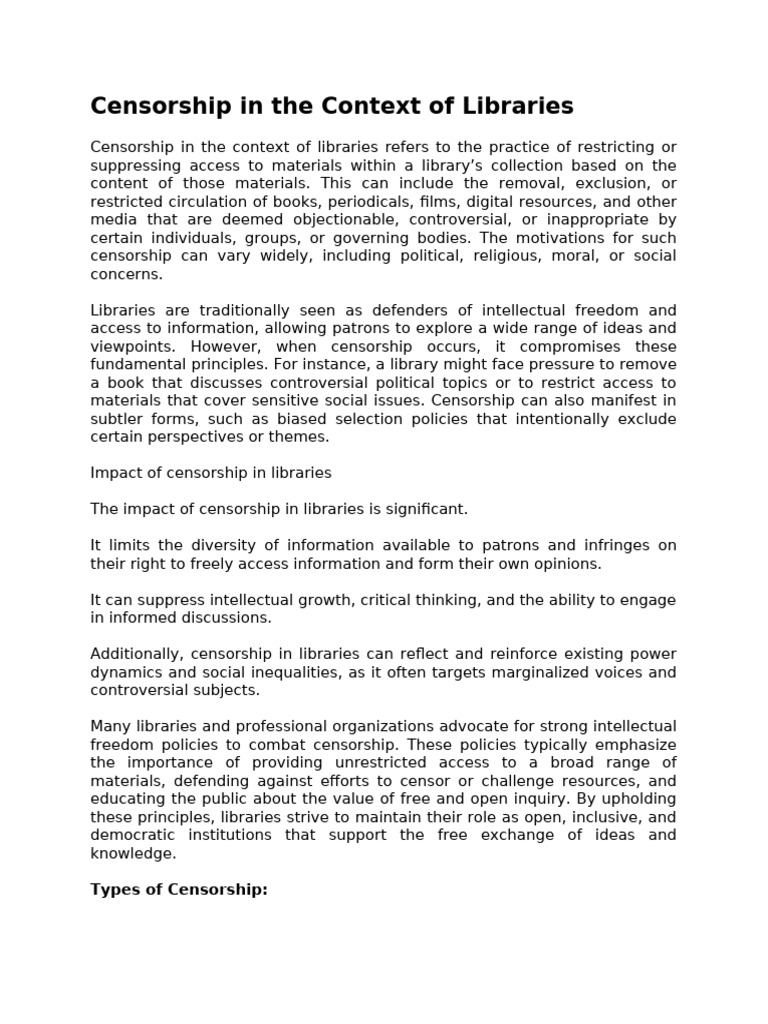 Types of Censorship in Libraries | PDF | Censorship | Freedom Of Speech