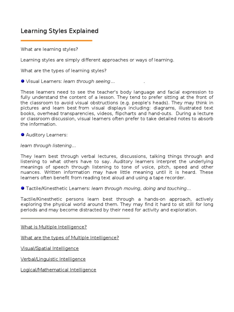 Learning Styles Explained | PDF | Learning Styles | Intelligence