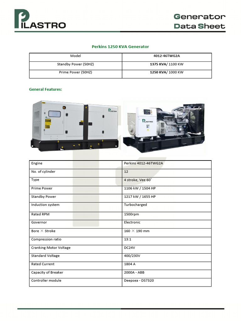 Pilastro Generator Data Sheet - Perkins 1250 KVA | PDF | Engines | Electric Generator