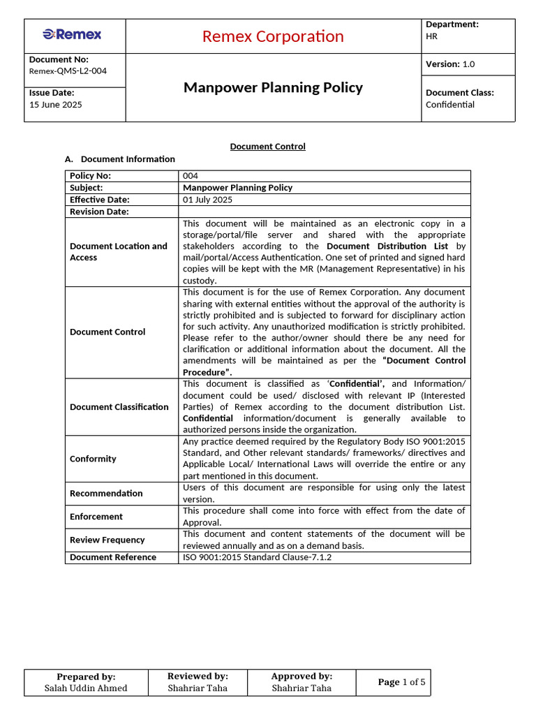 Remex Manpower Planning Policy Document | PDF | Human Resource ...