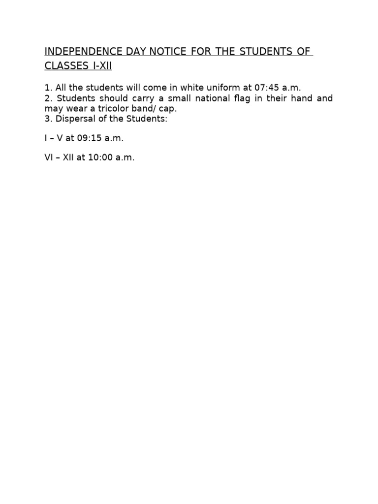 Independence Day Notice For The Students of Classes I-Xii | PDF