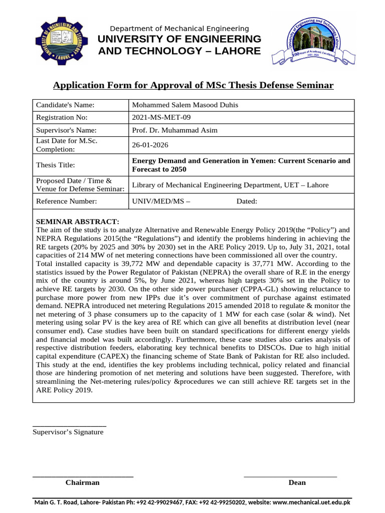 Defense Seminar Form - 14.07.2025 | PDF | Electric Power | Renewable ...