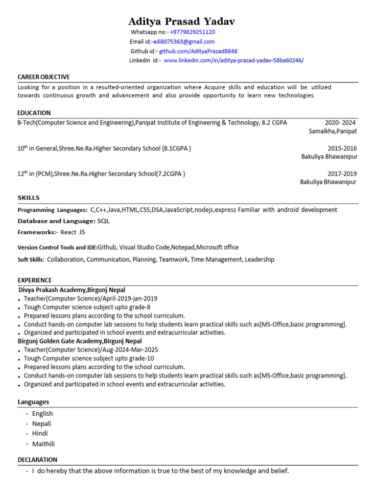 Aditya Resume Teaching | PDF | Computer Programming | Computing