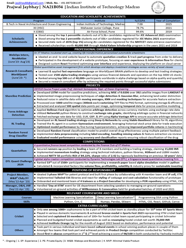 Prajwal Jaybhay IITM New Resume Final | PDF | Arbitrage | Foreign Exchange Market