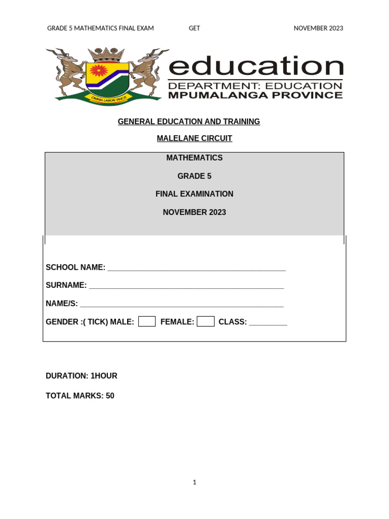 Grade 5 November Maths Exam 2023 | PDF | Area | Geometry