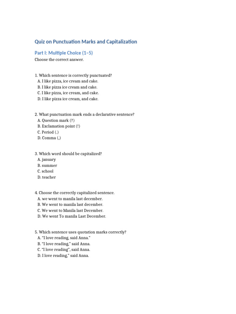 Punctuation and Capitalization Quiz | PDF