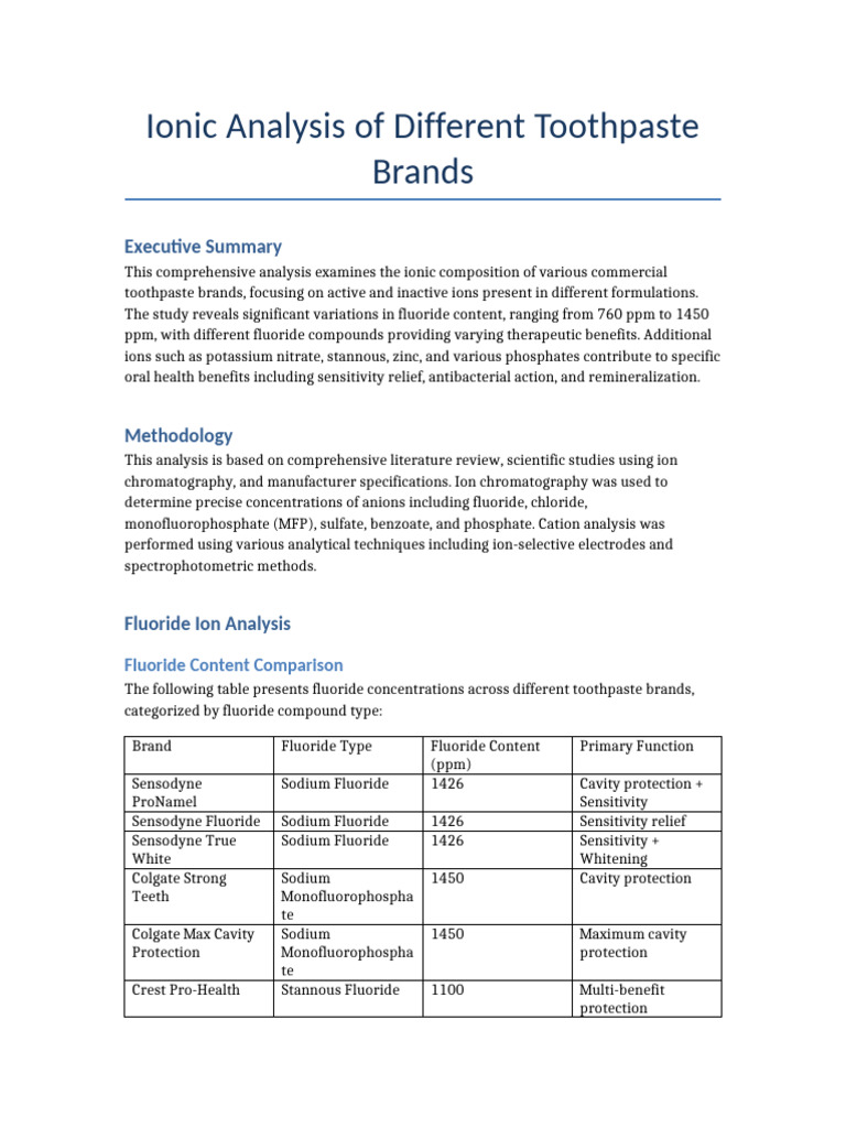 Toothpaste Ionic Analysis Report | PDF | Fluoride | Sodium
