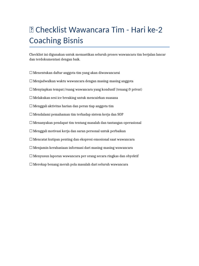 Checklist Cetak Wawancara Tim Hari 2 | PDF