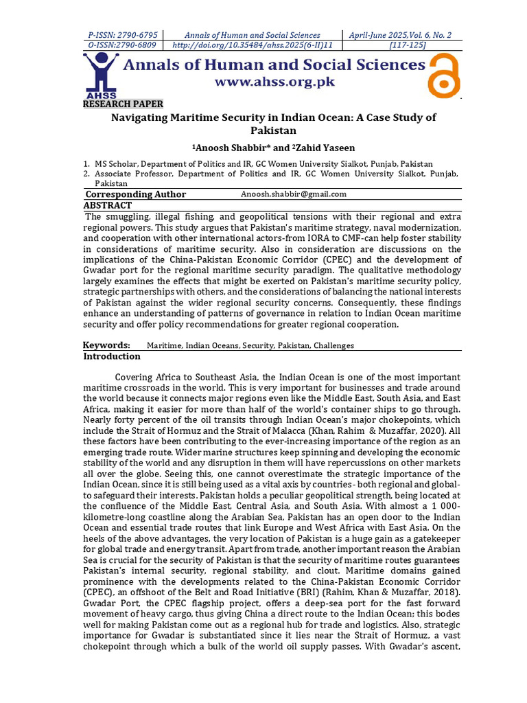 Navigating Maritime Security in Indian Ocean: A Case Study of Pakistan ...