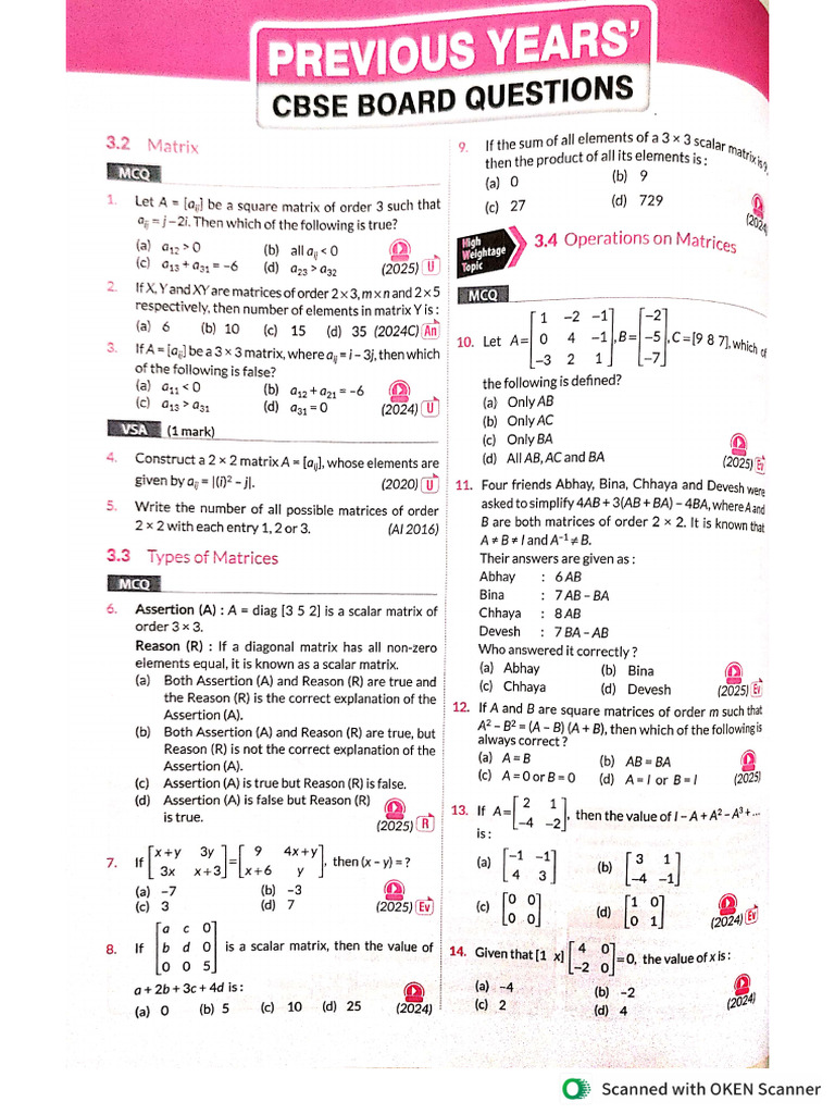 Ch. 3 Matrices Board Exam Questions and Solutions | PDF