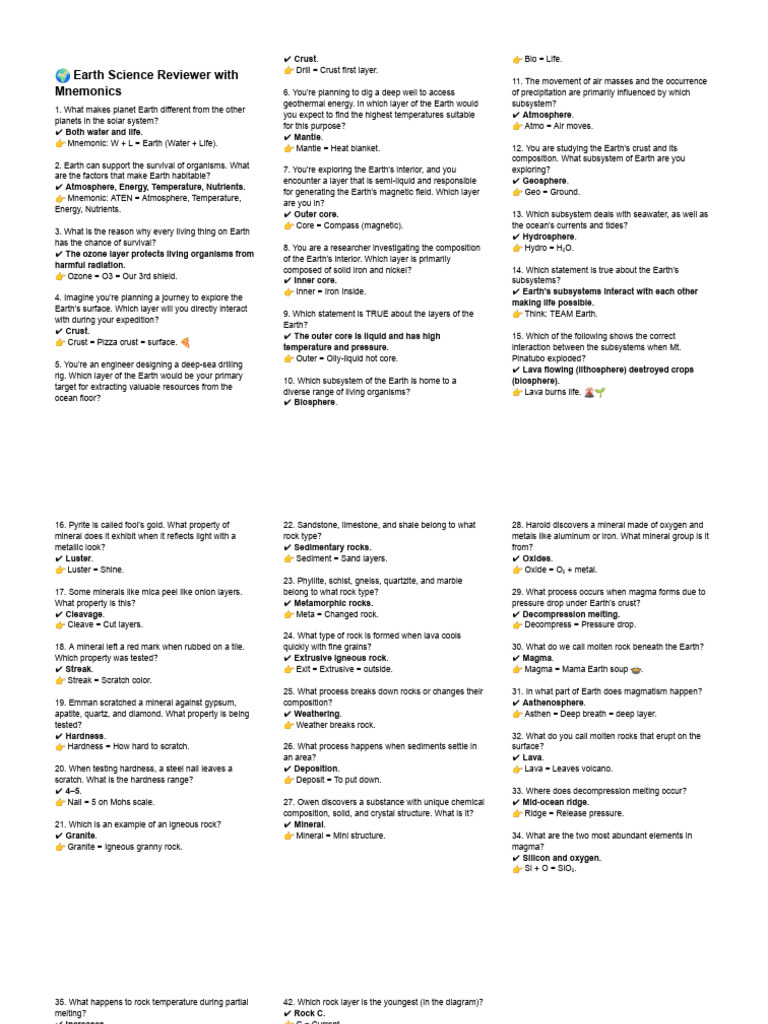 Earth Science Review with Mnemonics | PDF | Rock (Geology) | Magma