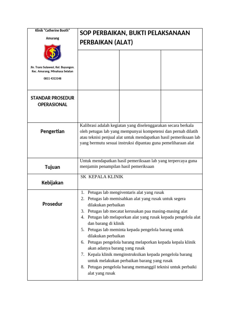 SOP Perbaikan Alat Klinik Catherine Booth | PDF