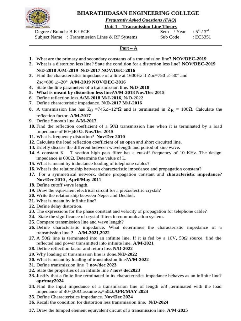 TLRF - FAQ Unit 1 | PDF | Transmission Line | Electrical Impedance
