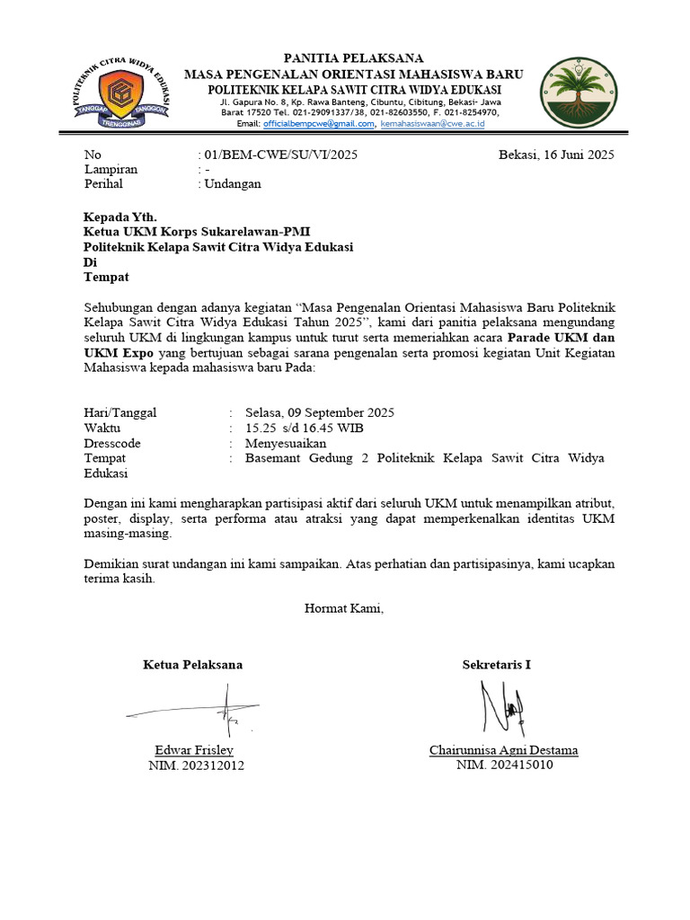 Surat Undangan Parade UKM & UKM Expo | PDF