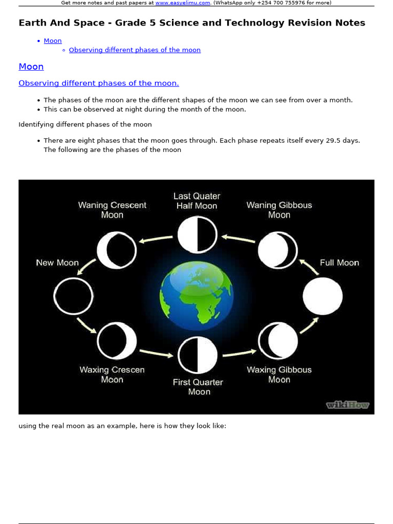 Grade 5 Moon Phases Revision Notes | PDF