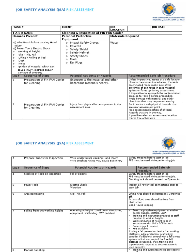 JSA for FIN FAN Cooler Cleaning Safety | PDF | Labor Relations | Safety