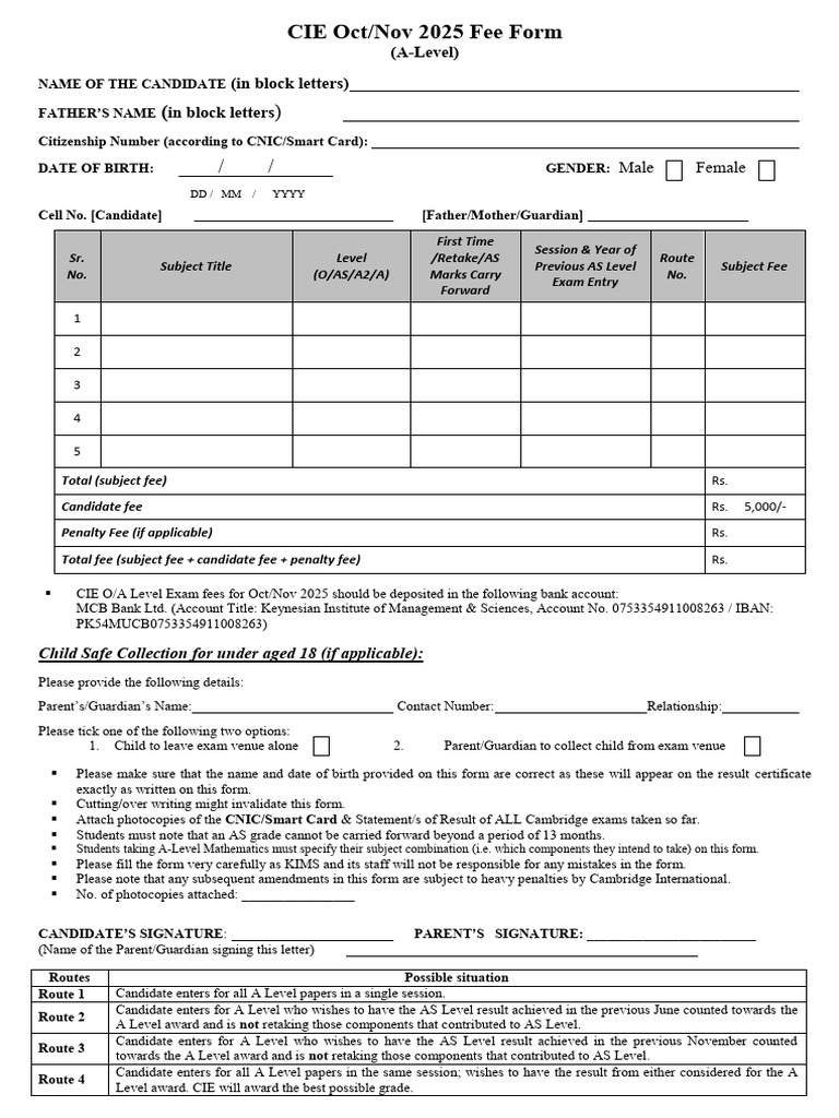 CIE A-Level Fee Form Oct/Nov 2025 | PDF | Qualifications