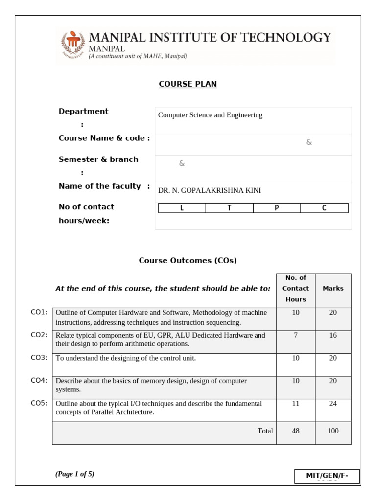 Coa Course Plan Aug2019 | PDF | Cpu Cache | Central Processing Unit