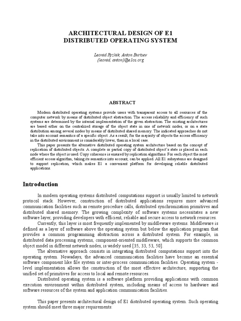 Architectural Design of E1 Distributed Operating System: Leonid Ryzhik, Anton Burtsev | PDF ...