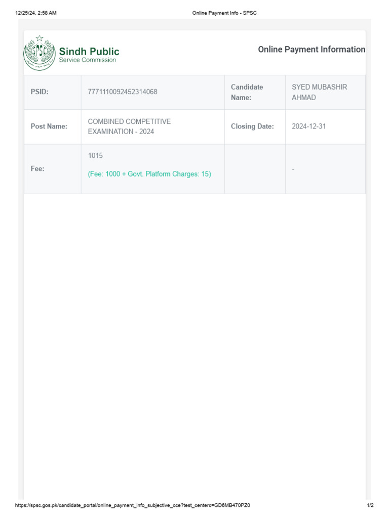 SPSC Online Payment Details 2024 | PDF