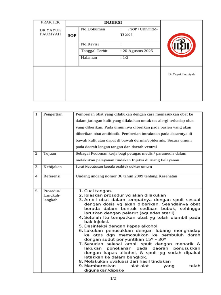 Prosedur Injeksi Intrakutan Medis | PDF