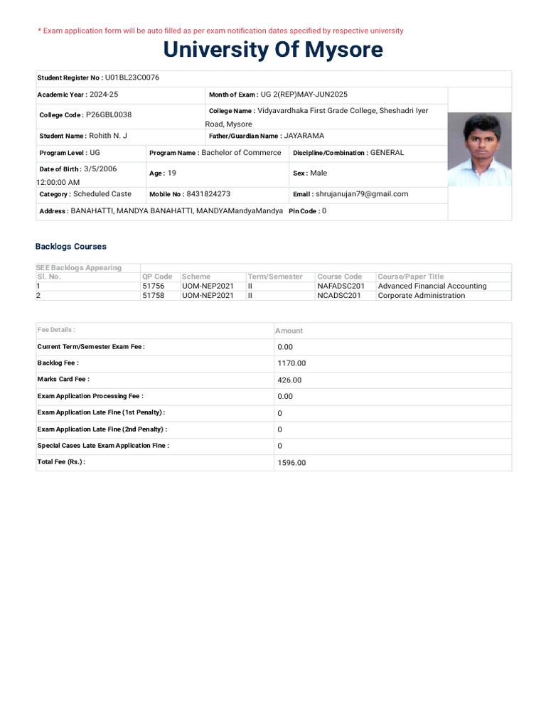 Mysore University Exam Application Form | PDF