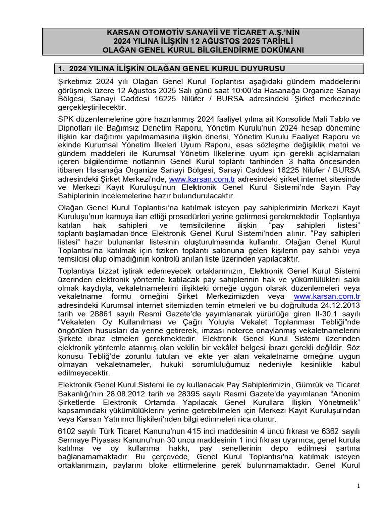 2024 Genel Kurul Bilgilendirme | PDF